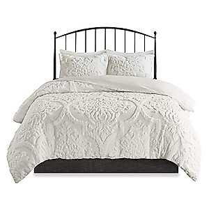 Madison Park Tufted Chenille Cotton Comforter, All Season Bedding Set, Matching Shams, Viola, Damask Off White Full/Queen(90"x90") 3 Piece