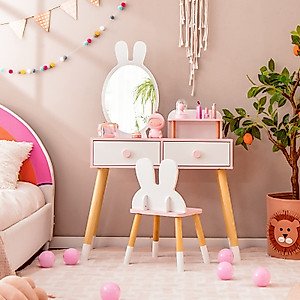 KOTEK Kids Vanity Set with Mirror, Wooden Princess Makeup Dressing Table with Stool, 2 Storage Drawers & Display Shelf, Girls Pretend Play Vanity for Toddler (White)