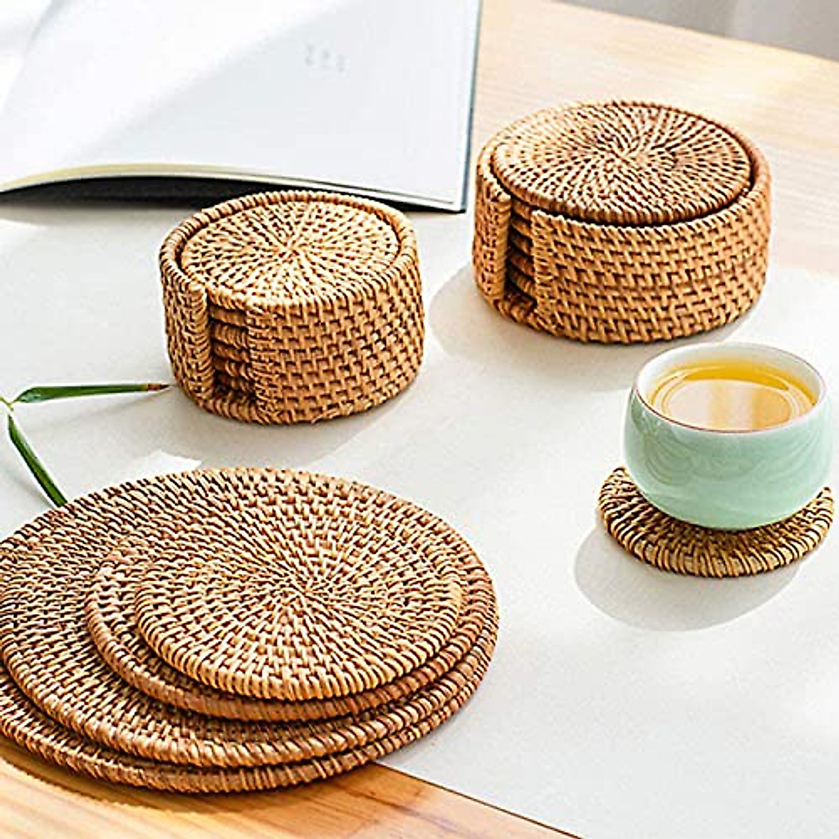 Eneocare Handmade Natural Rattan Coasters for Drinks, Wicker Boho Coasters, Woven Coasters for Drinks | Heat Resistant Reusable Saucers, Round Straw Trivet for Teacup, Set of 6 with Holder
