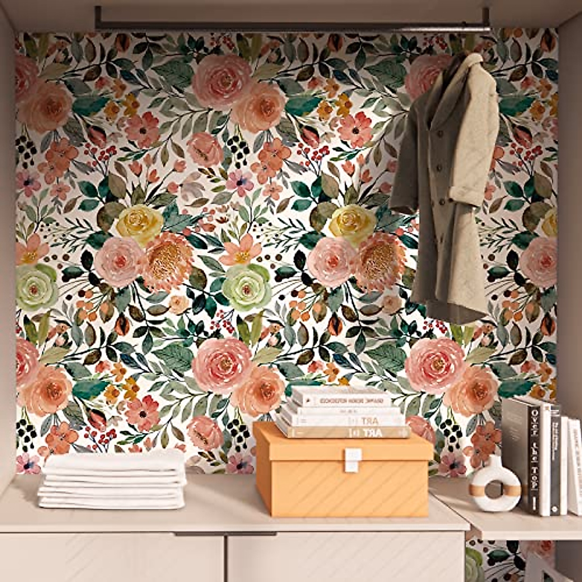 JiffDiff 118.1"x17.7" Wallpaper Peel and Stick, Floral Wallpaper for Bedroom Peel and Stick Wallpaper Boho Kitchen Cabinets Furniture Decorative Renter Friendly Wallpaper