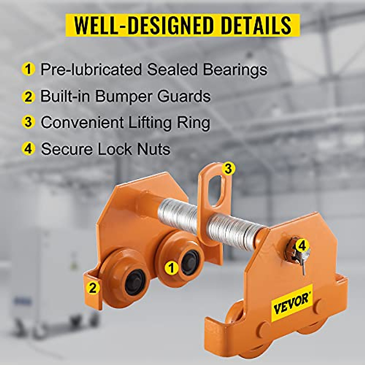 VEVOR 0.5 Ton Manual, 1100 LBS/0.5T Load Capacity Trolley, 2.5-8 inch Adjustable Width Push Beam with Dual Wheels, Orange