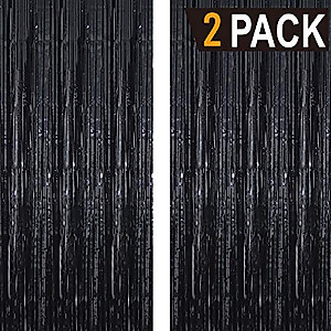 GOER 6.4 ft x 9.8 ft Metallic Tinsel Foil Fringe Curtains,Pack of 2 Party Streamer Backdrop for Birthday,Graduation Decorations and New Year Eve (Black)