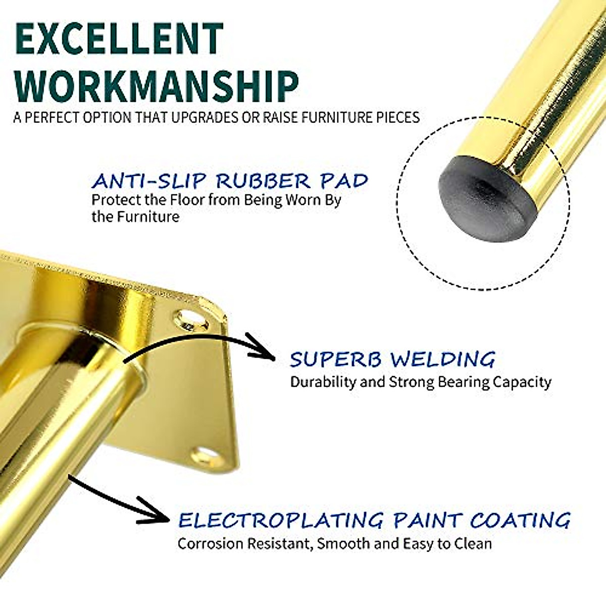 Seimneire 4pcs 4 Inch Furniture Legs, Straight Conical Metal Legs Luxury Gold Mid-Century Style Furniture Feet for Sofa Cabinet Table Chair Cupboard Couch Ottoman Home DIY Projects