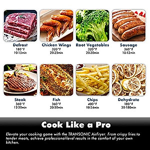 Transonic 1200W Air Fryer Oven 3.5 Quart Non Toxic Non Stick Easy Cleaning Borosilicate Glass Basket, 8 Cooking Presets, Touch Digital Controls