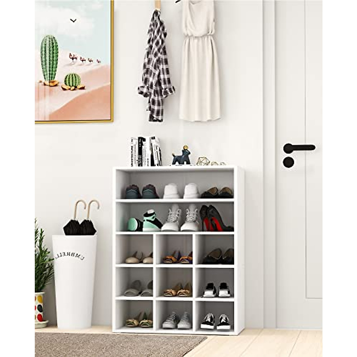 HAIOOU Shoe Cubby, 9-Cube Stackable Wood Shoe Rack Organizer 5-Tier Freestanding Wooden Shoe Stand with 2 Storage Shelf for 10-15 Pairs, Ideal for Apartment, Entryway, Closet Organization - White