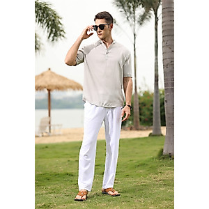 EndoraDore Men's Linen Cotton Pants Slim Fit Joggers Pants Athletic Workout Elastic Trousers Pants Beach Vacation Lightblue