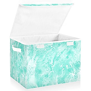 Kigai Storage Basket Abstract Marble Mint Green Storage Boxes with Lids and Handle, Large Storage Cube Bin Collapsible for Shelves Closet Bedroom Living Room, 16.5x12.6x11.8 In