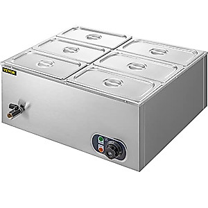 VEVOR 110V 6-Pan Commercial Food Warmer 850W Electric Countertop Steam Table 15cm/6inch Deep Stainless Steel Bain Marie Buffet Large Capacity 6x7 Quart, Silver