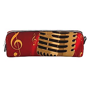 allgobee Pu Leather Pencil Bag Pen Case Microphone-Abstract-Musical Students Stationery Pouch Pencil Holder Desk Organizer