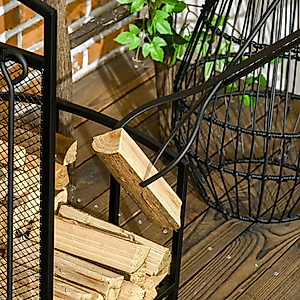 HOMCOM Firewood Rack with Fireplace Tools, Indoor Outdoor Firewood Holder for Fireplace, Wood Stove, Hearth or Fire Pit, Wood Storage Log Rack Includes Poker, Tongs, Broom, Shovel, Black