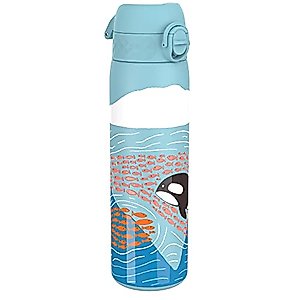 Ion8 Steel Water Bottle, 600 ml/20 oz, Leak Proof, Easy to Open, Secure Lock, Dishwasher Safe, Flip Cover, Fits Cup Holders, Carry Handle, Durable, Scratch Resistant, Raised Print, Blue, Whale Design