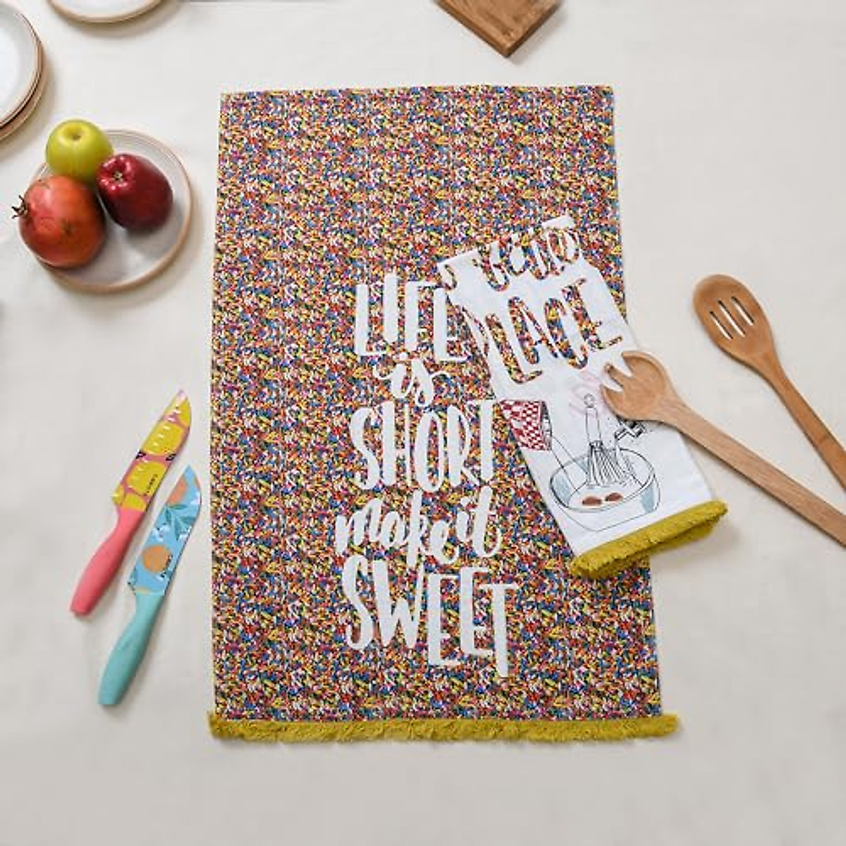 TARAN LIVING Printed Kitchen Dish Bar and Tea Towels Cotton, 18x28 inch with Trims, Cotton Dish Towel Sets (Yellow & White, Set of 2)