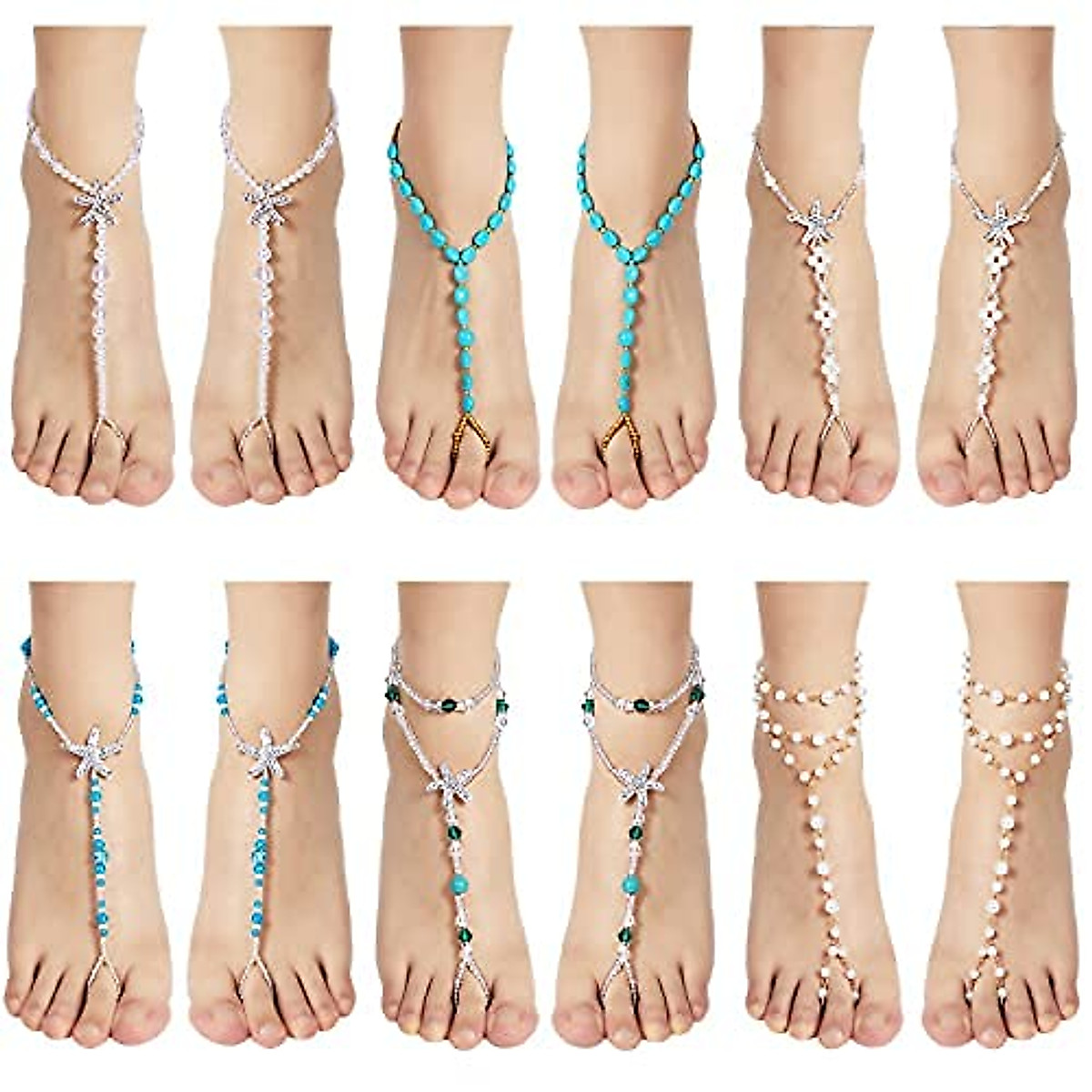 Hicarer 12 Pieces Feet Jewelry Barefoot Sandals Toe Rings Foot Chains Starfish Faux Pearls Elastic Beaded Turquoise Anklet Chains Jewelry with Rhinestone Ring for Women Wedding Beach Wearing