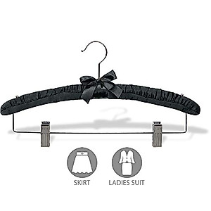 Black Satin Padded Combo Hanger with Clips in 16" Length X 1" Thick with Chrome Hardware, Box of 12