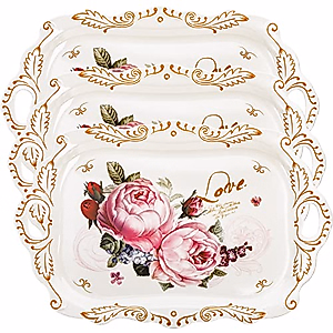 DEAYOU 3-Pack Melamine Serving Tray, Stackable Food Tray with Handles for Eating, Unbreakable Large Serving Platter with Floral Print for Gift, Party, Decor, Home, Restaurant, 16"L x 11"W, Rectangle