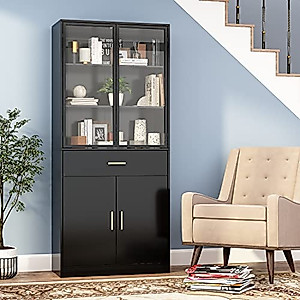 AIEGLE Kitchen Pantry Storage Cabinet with Glass Doors & Drawer, Freestanding Kitchen Pantry Cupboard, Utility Pantry Cabinet for Dining Room, Living Room, Black (31.5”W x 13.8”D x 70.9”H)