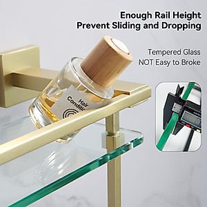 LANC Bathroom Shelves with Towel Bar 20 Inch Gold Floating Tempered Glass Shelf with Towel Rails for Shower Bath Kitchen Storage Rack Wall Mounted Rustproof Stainless Steel Brushed Gold，A7615BG