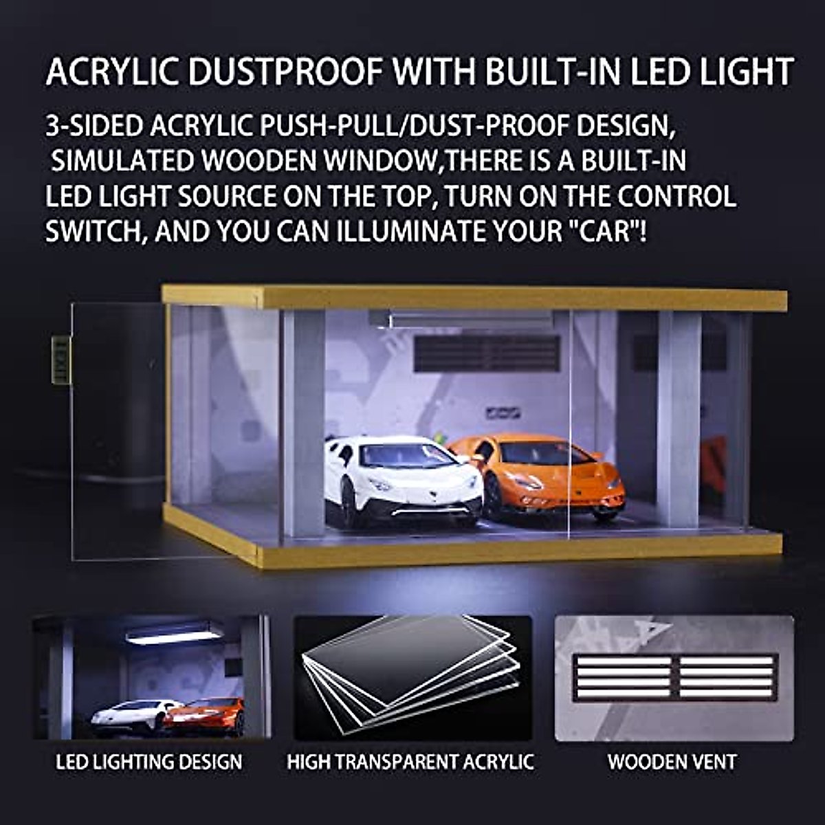 SIKIVOT 1：32 Car Display Case，Diecast Garage Scene Display， Scale Garage Display Case，2 Parking Space with LED Light and Acrylic Cover (7332Number 86)