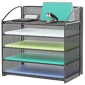 GDINDINFAN 5-Tier Letter Tray Paper Organizer with Handle, Mesh Desk File Organizer Paper Sorter Holder Desktop Document Shelf Storage Organization for Office, Home or School, Black