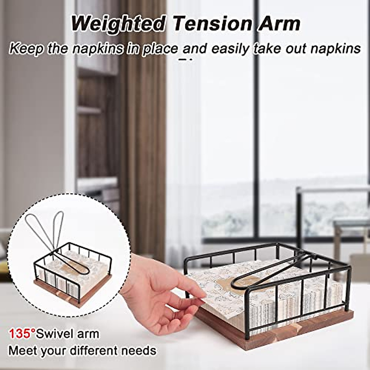 Livabber Flat Napkin Holder, Metal Kitchen Napkin Holder with Weighted Tension Arm Rustic Tissue Paper Dispenser for Countertop, Table Kitchen, Dining Room (With Wooden Base, Black)