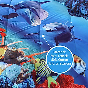 Qucover Dolphin Comforter Set Twin Size 3-Piece Blue Ocean Sea Animall Tropical Fish Comforter Set with 2 Pillowcases for Teen Boys, Twin 59x79 Inches