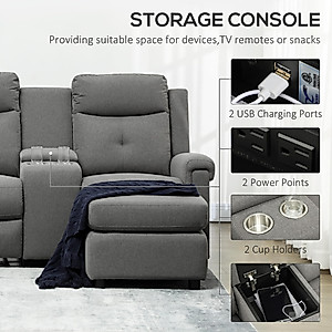 HOMCOM L-Shaped Sofa, Manual Reclining Sectional with Chaise Ottoman, Storage Console, Cup Holders, USB Charging, Gray