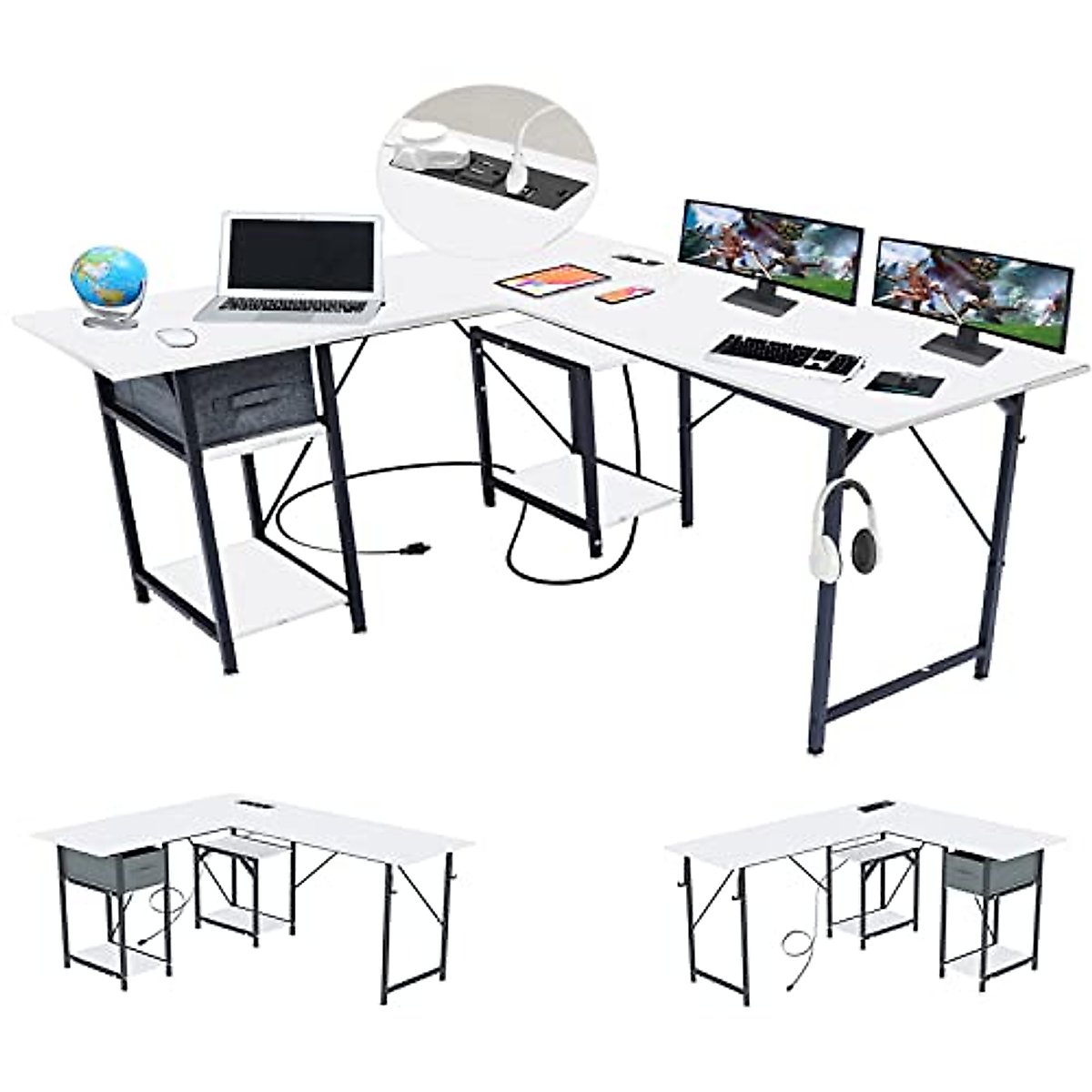 DLIUZ White L Shaped Desk with Drawers，L Modern Desk,Computer Gaming Desk with USB Charging Port and Power Outlet， 2 Person Long Writing Study Table with Shelves Reversible Home Office Corner Desk
