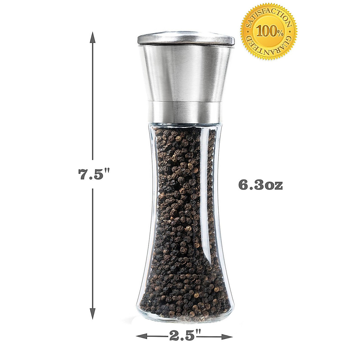 2 PCS Salt and Pepper Grinders Glass Mills Brushed Stainless Steel with Adjustable Ceramic Rotor