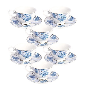 fanquare Floral Coffee Cups Set of 6(5 oz), Porcelain Cappuccino Cups with Saucers, Tea Cup for Birthday Wedding Party, Blue