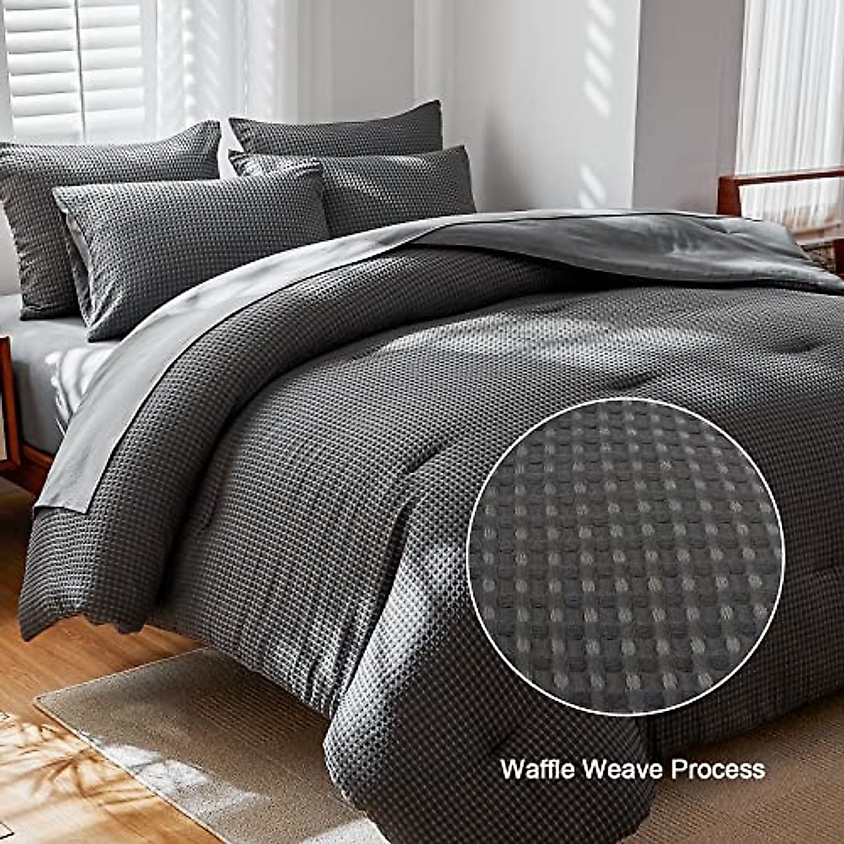 WARMDERN Grey Comforter Set King Size Waffle Weave Lightweight Bedding Comforter Sets Soft Microfiber Down Alternative Comforter 7 Pieces Bed in A Bag All Season(Gray, King)