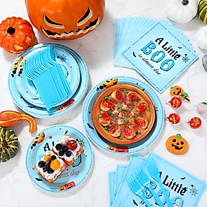 Havawish 96 Pcs Little Boo Is Almost Due Decorations Halloween Baby Shower Tableware Party Supplies Ghost Paper Plates Napkins Forks Set for Halloween Themed Baby Shower Party Favor (Blue,Classic)