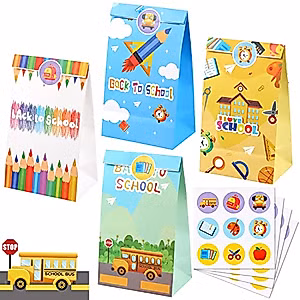 24 Pieces Welcome Back to School Party Gift Bags with 36 Stickers,First Day of School Party Paper Goodie Bags Candy Treat Bags Gift Wrapping Bags,Perfect for School Theme Party Classroom Decorations Supplies