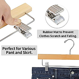 AMKUFO 20pcs Wooden Pants Hangers Solid Pants Hangers with Adjustable Clips 14 Inch Natural Wood Skirt Hangers Trousers Bottom Hangers with Non-Slip Clips and 360° Swivel Hook