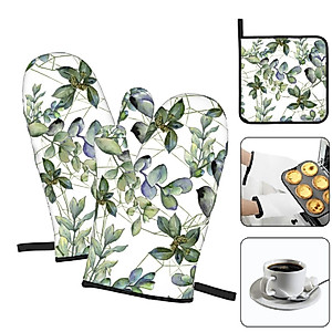 YILEQUAN Green Eucalyptus Leaves Print Oven Mitts and Pot Holders Sets,Kitchen Oven Glove High Heat Resistant 500 Degree Oven Mitts and Potholder,Surface Safe Baking, Cooking, BBQ,Pack 3 One Size