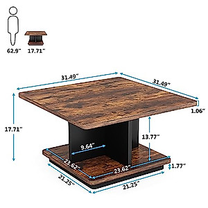 Tribesigns Wood Square Coffee Table: 31.5 Inches 2 Tiers Farmhouse Coffee Table, Wooden Rustic Coffee Table with Storage, Mid Centry Modern Home Furniture for Living Room, Brown