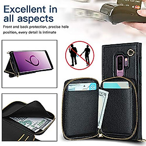 DEFBSC Crossbody Zipper Wallet Samsung Galaxy S9 Plus Case, PU Square Case with Chain Credit Card Holder Slot Shoulder Handbag Purse Wrist Strap Case for Samsung S9 Plus 6.2 Inch(Black)