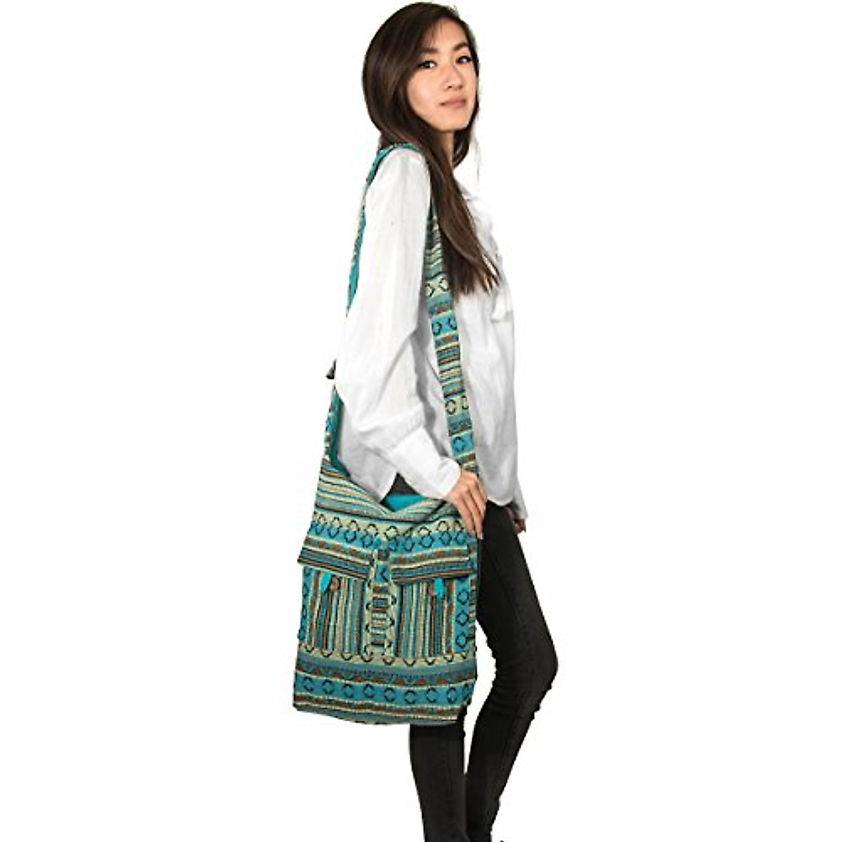 Tribe Azure Blue Aztec Canvas Large Hobo Cross body Shoulder Sling Slouch Casual Shopping Market Bag