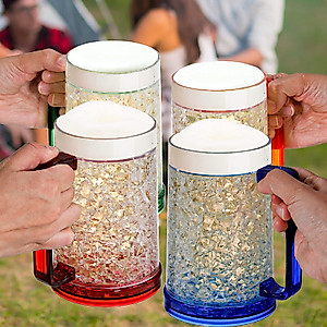 Fasmov Freezer Beer Mugs, 4 Pack Double Wall Gel Frosty Freezer Ice Mugs, Plastic Beer Mugs With Handles for Parties and Gifts, 16oz (Blue, Red, Orange and Green)