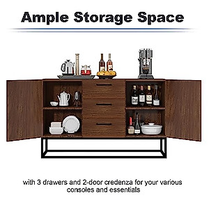 Bonzy Home Buffet Sideboard Cabinet with 3 Drawers & 2-Door and Adjustable Shelves 47 Inch Modern Coffee Bar Cabinet for Living Room Entryway Dinning Room