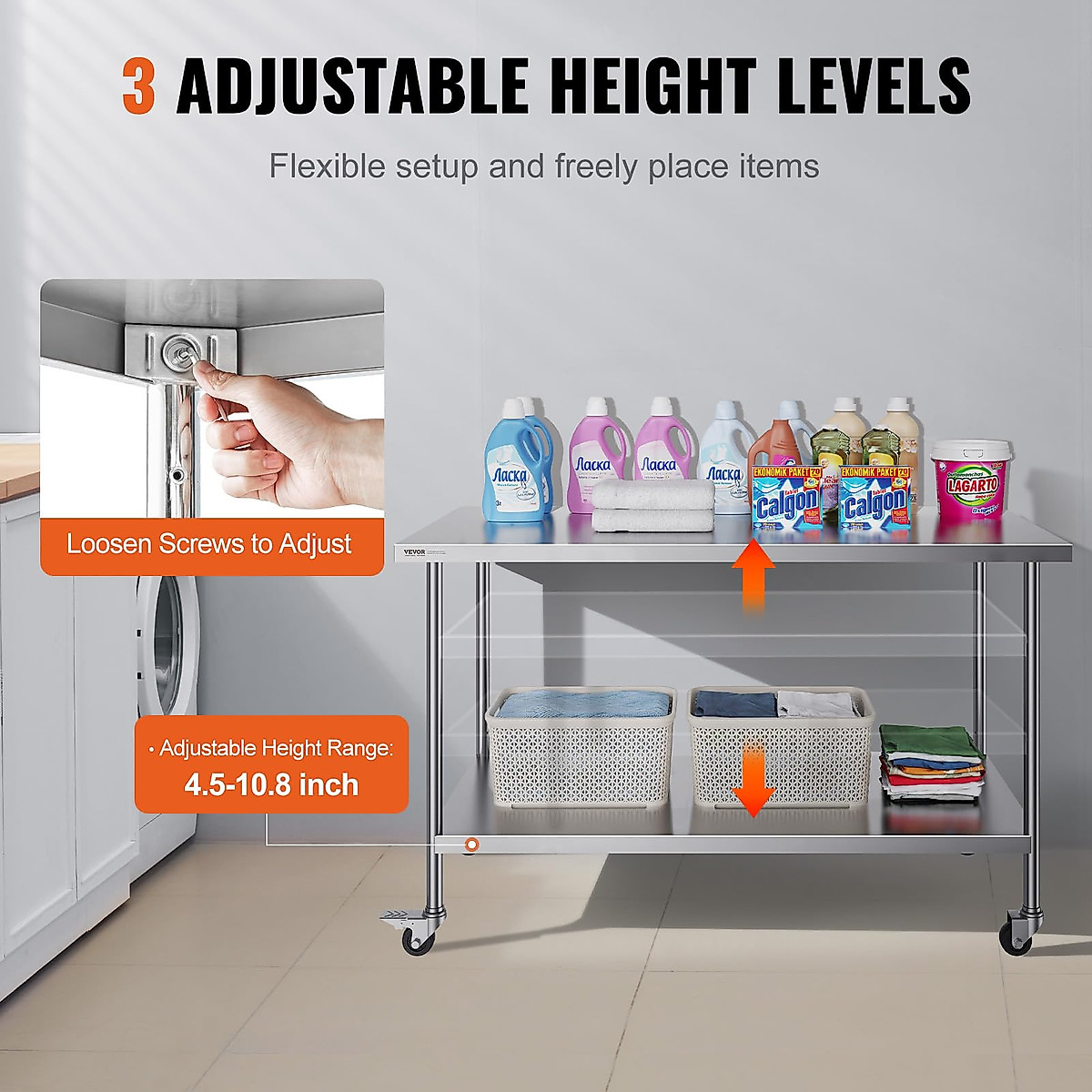 VEVOR Stainless Steel Work Table 30 x 60 x 38 Inch, with 4 Wheels, 3 Adjustable Height Levels, Heavy Duty Food Prep Worktable for Commercial Kitchen Restaurant, Silver