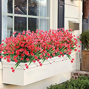 TEMCHY Artificial Outdoor Flowers, 8 Bundles Fake UV Resistant Foliage Greenery Faux Plants Shrubs Plastic Bushes for Indoor Outside Hanging Planter Wedding Farmhouse Decor (Red)