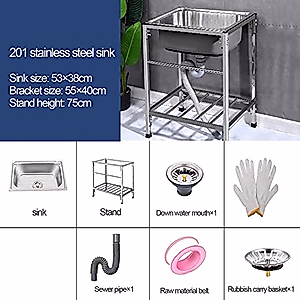 EMENG Commercial Sink Kitchen Wash Basin Stainless Steel Garden Sink, Multi Functional Single Bowl Sink with Stand for Vegetable Washing Basin Sinks, for Outdoor Indoor Garage Kitchen La