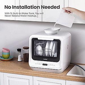 COMFEE' Portable Dishwasher Countertop with 5L Built-in Water Tank, No Hookup Needed, 6 Programs, 360° Dual Spray, 192℉ High-Temp& Air-Dry Function, Mini Dishwasher for RVs, White