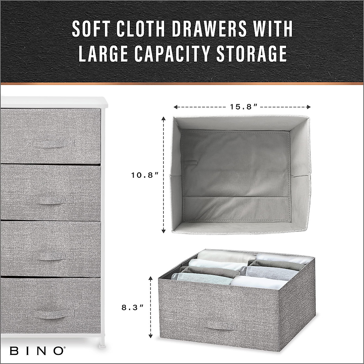 BINO 4-Drawer Fabric Dresser Storage Tower, Light Grey | Closet Organizer Unit | Bedroom Storage Cabinet | Clothing Drawer & Dresser Furniture | Organizing Drawer for Nursery Hallway Entryway Room