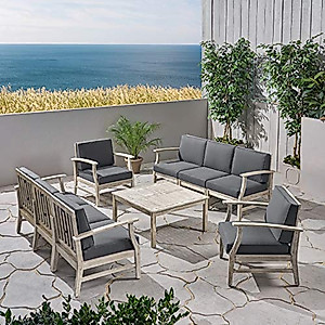 Great Deal Furniture Lorelei Outdoor 9 Piece Acacia Wood Sofa Conversational Set, Light Gray and Dark Gray