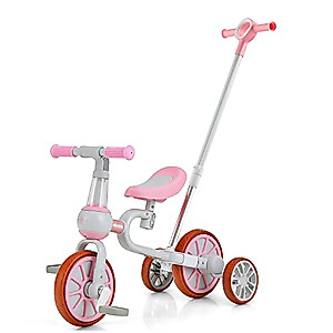 OLAKIDS Toddler Tricycle, 5 in 1 Kids Trike for Age 2-4 with Push Handle, Baby Bike with Adjustable Seat and Handle, Removable Pedal and Training Wheels for Boys Girls Toy Gift (Pink)