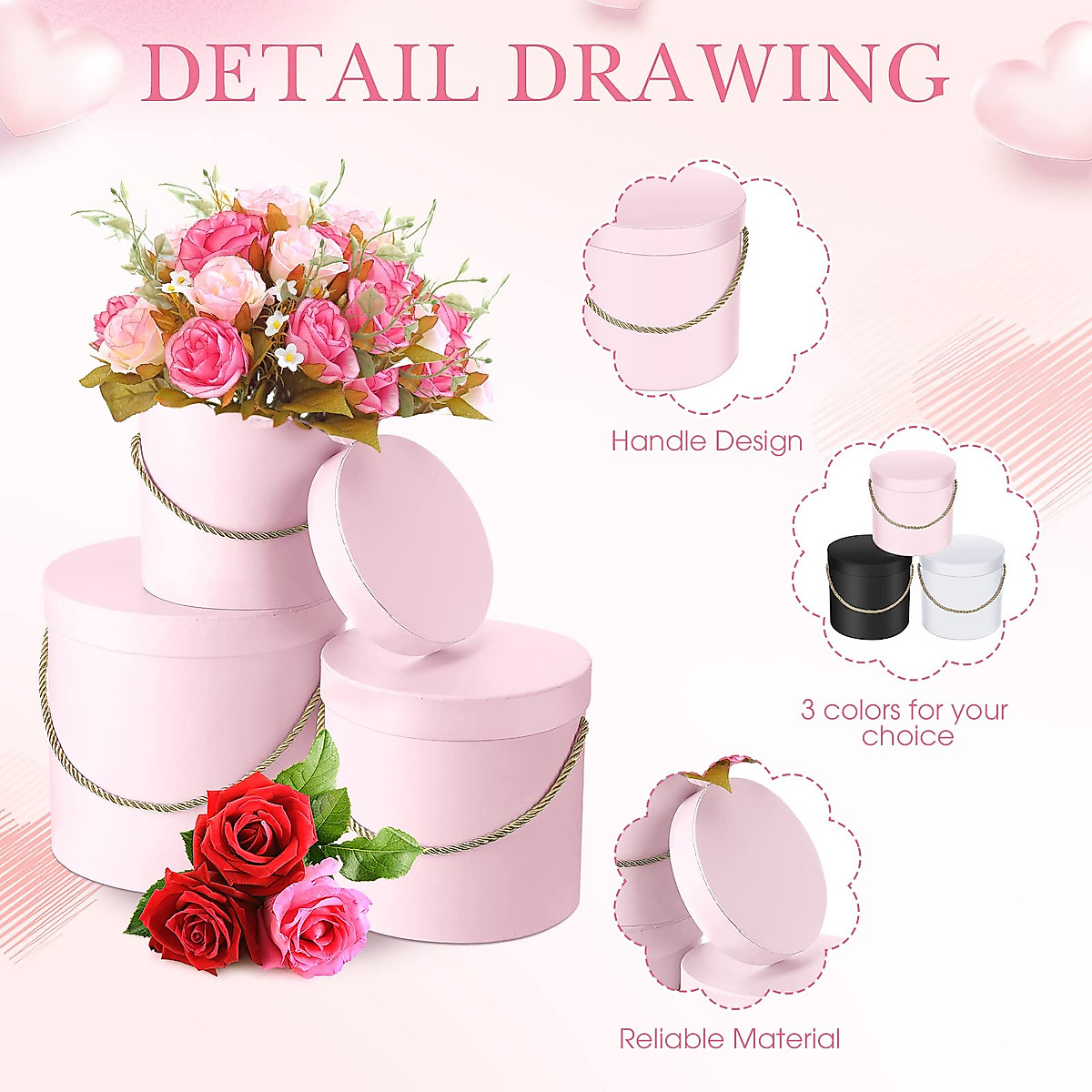 Skylety 6 Pcs Round Flower Boxes with Lids Valentine‘s Day Gift Boxes with Handle for Flowers Arrangement Assorted Sizes Nesting Gift Box for Bridesmaid, Wedding, Birthday, Baby Showers(Pink)