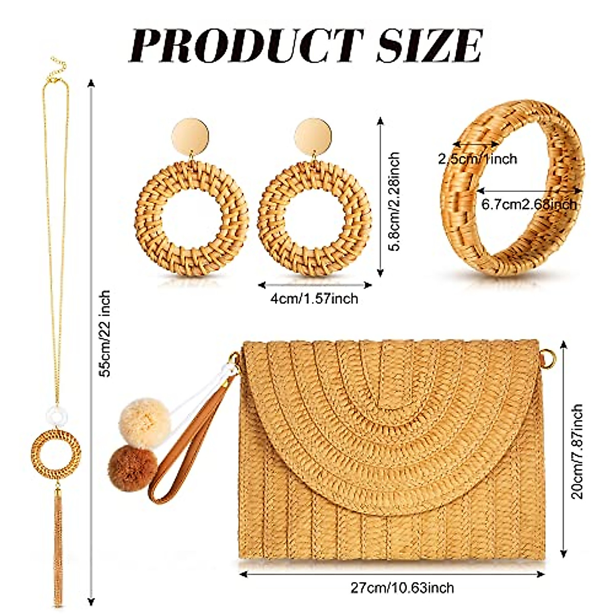 Junkin 5 Pieces Straw Shoulder Crossbody Bag, Long Necklace and Rattan Earrings and Rattan Wicker Bracelet Casual Beach Clutch Handmade Bag Tassel Necklace for Women Purse Wallet (Simple Style)