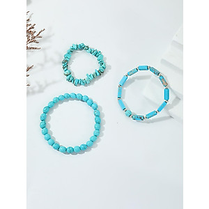 3Pcs Turquoise Bracelet for Women Boho Turquoise Bead Bracelet Natural Stone Beaded Stretch Bracelets Set Healing Crystal Bracelets Turquoise Jewelry for Women