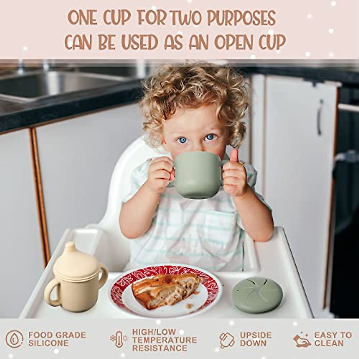 Didaey 2 Pcs Silicone Snack Cup and 2 Pcs Silicone Sippy Cups for Baby Kids Toddlers Spill Proof Food Container Toddler Training Cup with Handles Spout Lid Non Spillable Cereal Keeper